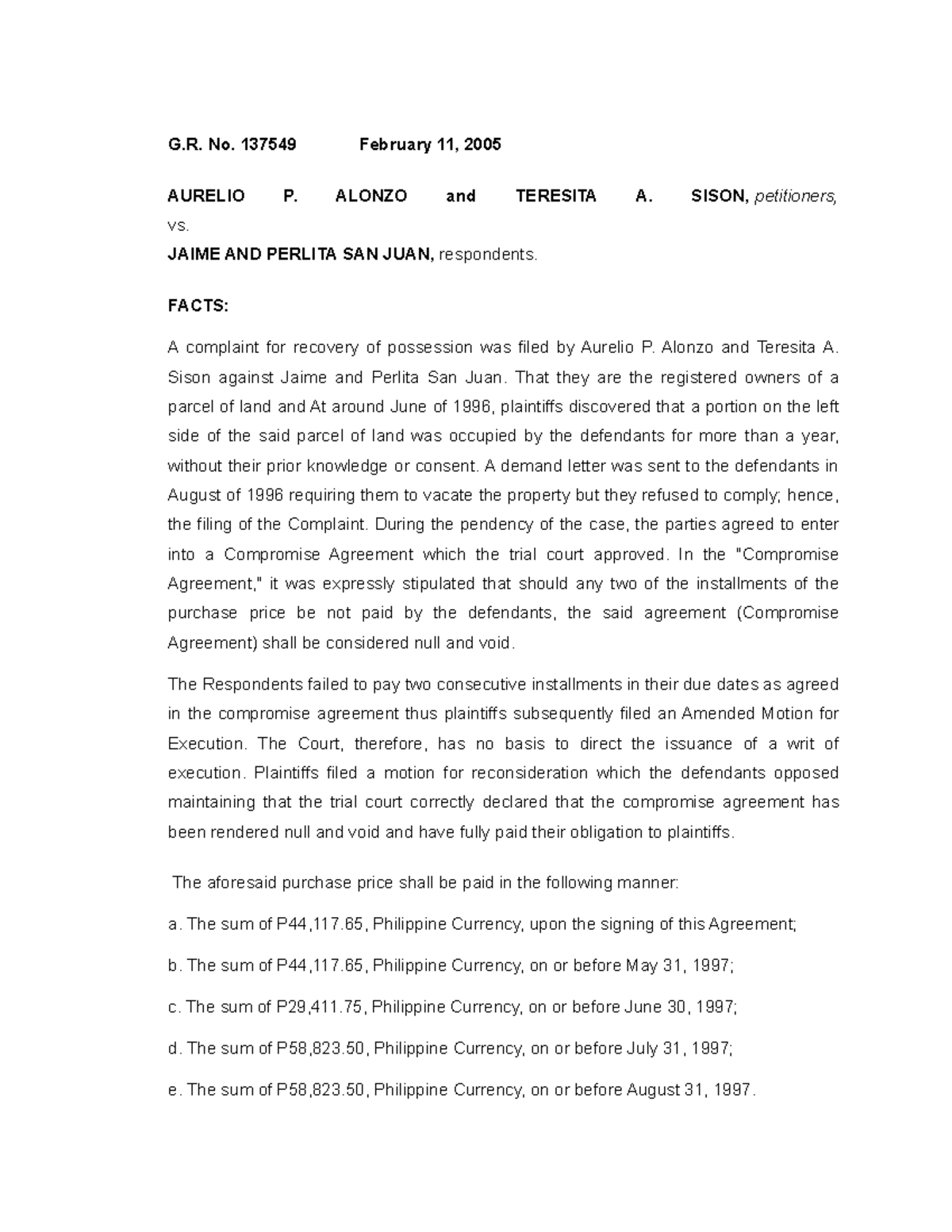 Alonzo v San Juan Report Oblicon - G. No. 137549 February 11, 2005 ...