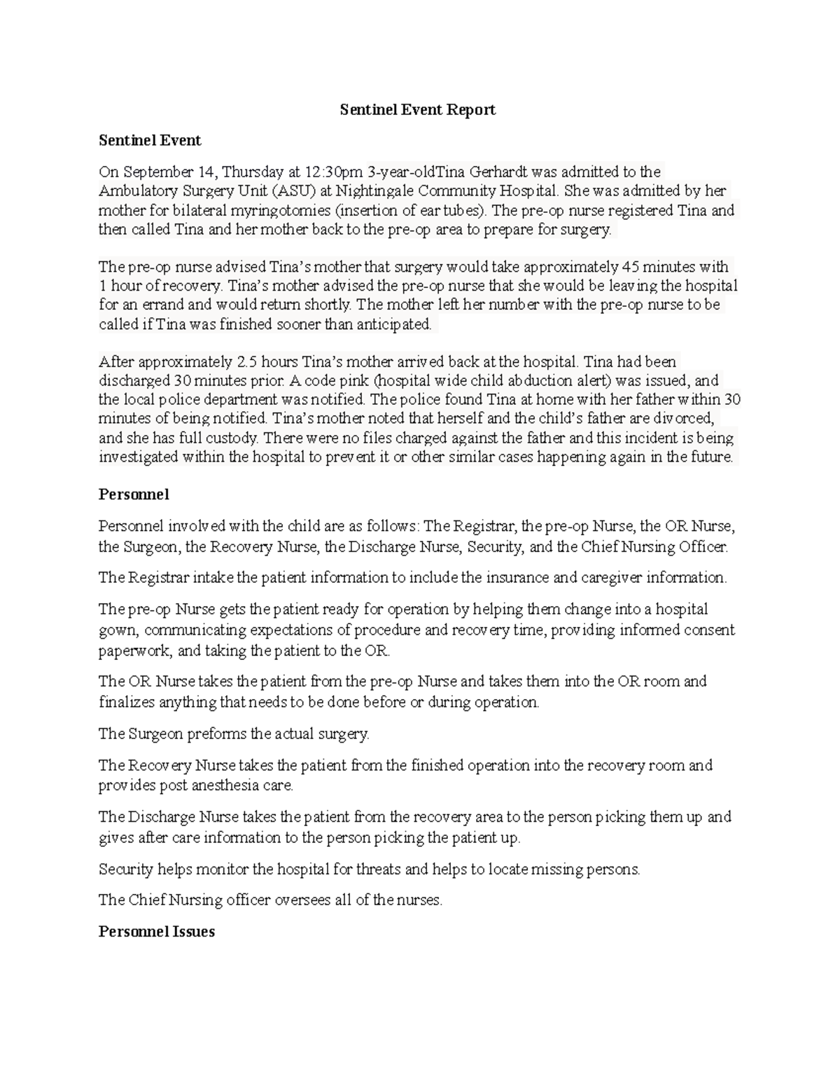 TASK2 - Sentinel Event Report Sentinel Event On September 14, Thursday ...