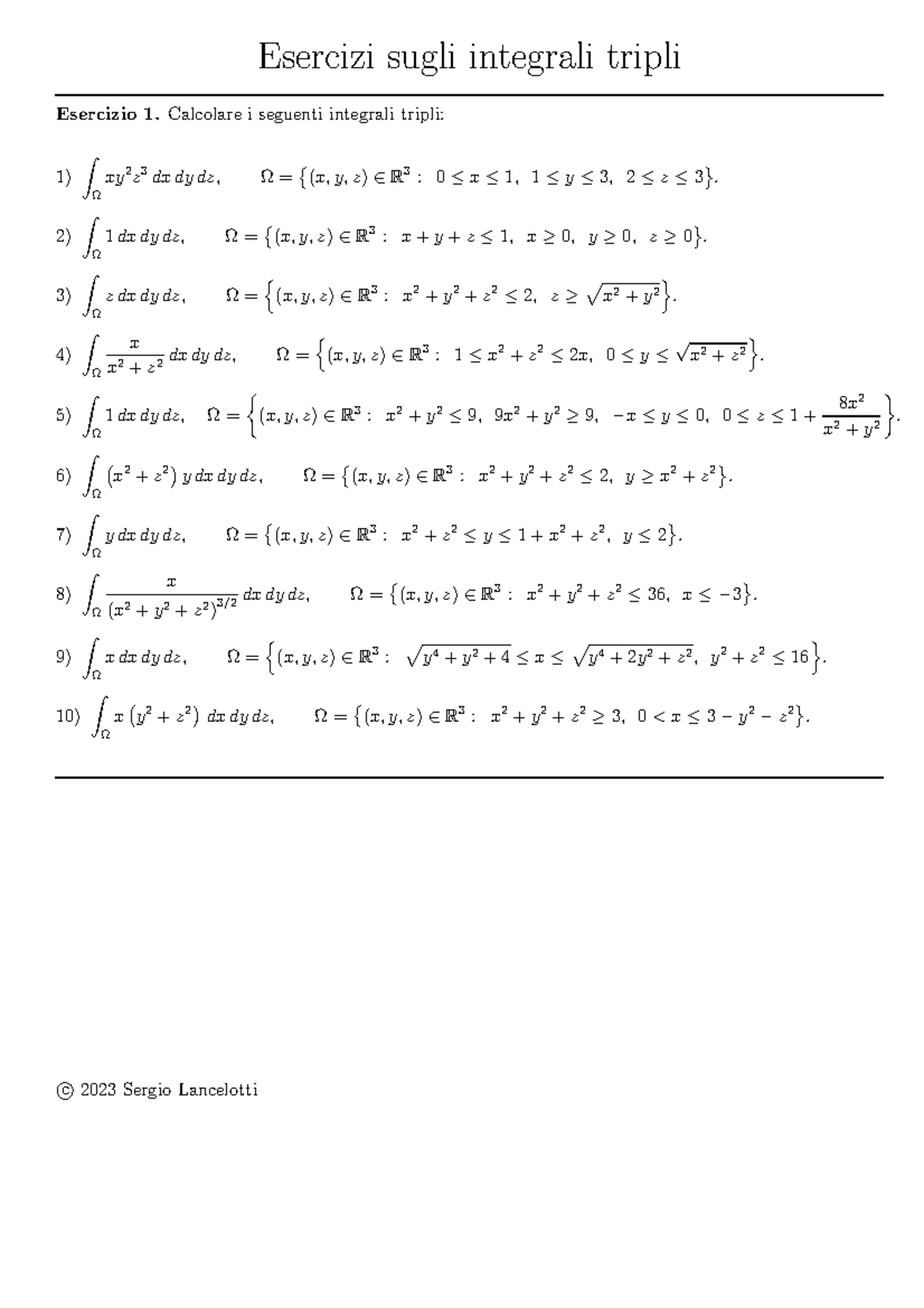 Ex integrali tripli - esercizi - Esercizi sugli integrali tripli ...