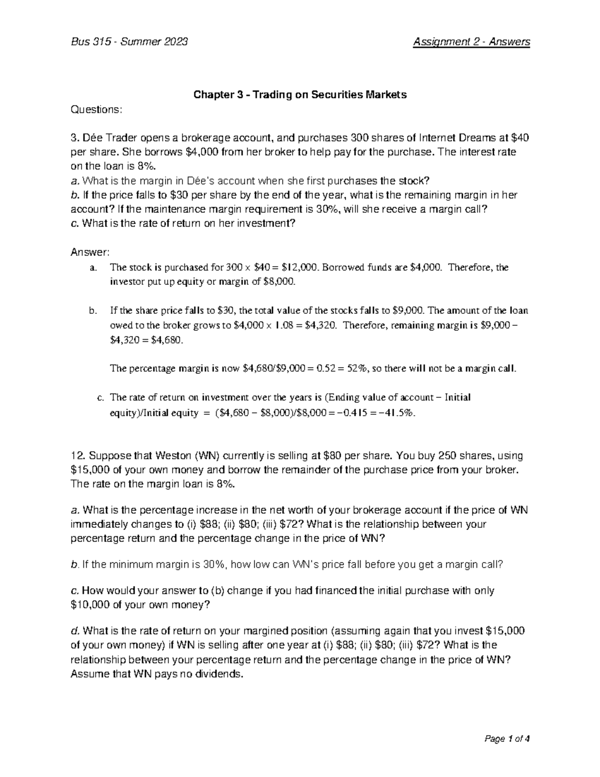 Bus 315 - Assignment 2 - Chap.3 - Answers - Chapter 3 - Trading on ...