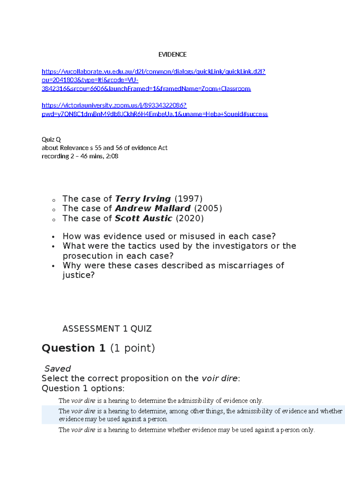 Evidence QUIZ - Assessment 1 - Quiz Questions - EVIDENCE - Studocu