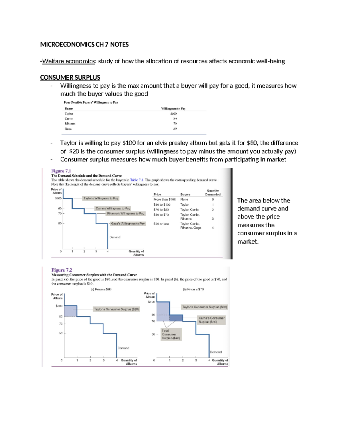 Econ ch 7 notes - MICROECONOMICS CH 7 NOTES Welfare economics: study of ...