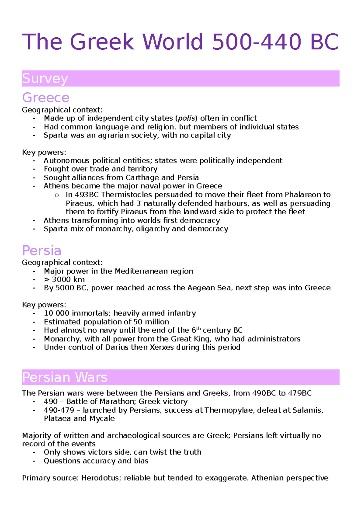 HSC Greek World Summary Notes - The Greek World 500-440 BC Survey ...