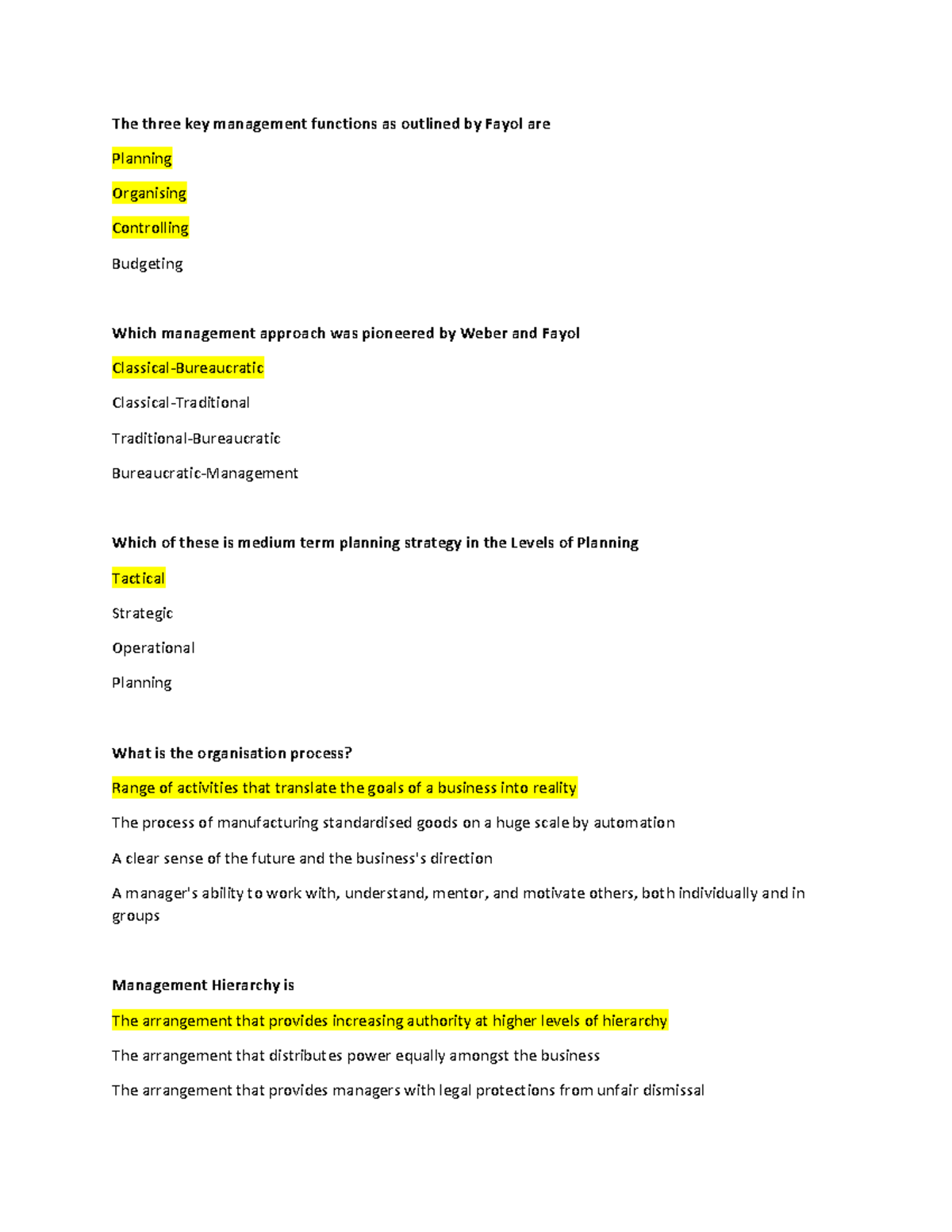Quiz - practice mcq - The three key management functions as outlined by Fayol are Planning - Studocu