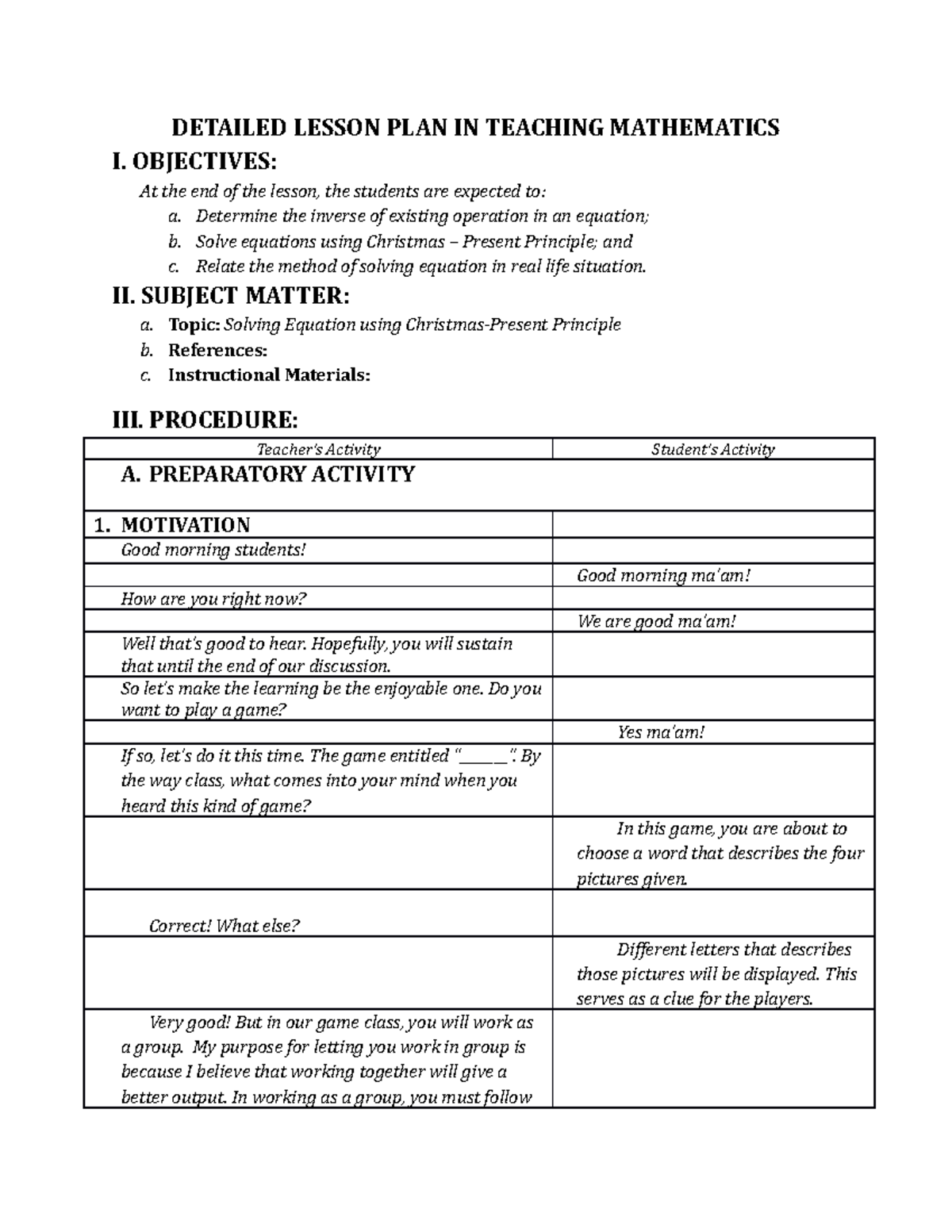Christmas Present Principle - DETAILED LESSON PLAN IN TEACHING ...