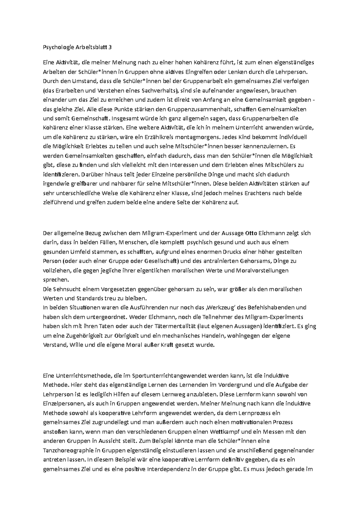 Psychologie Arbeitsblatt 3 - Durch den Umstand, dass die Schülerinnen ...