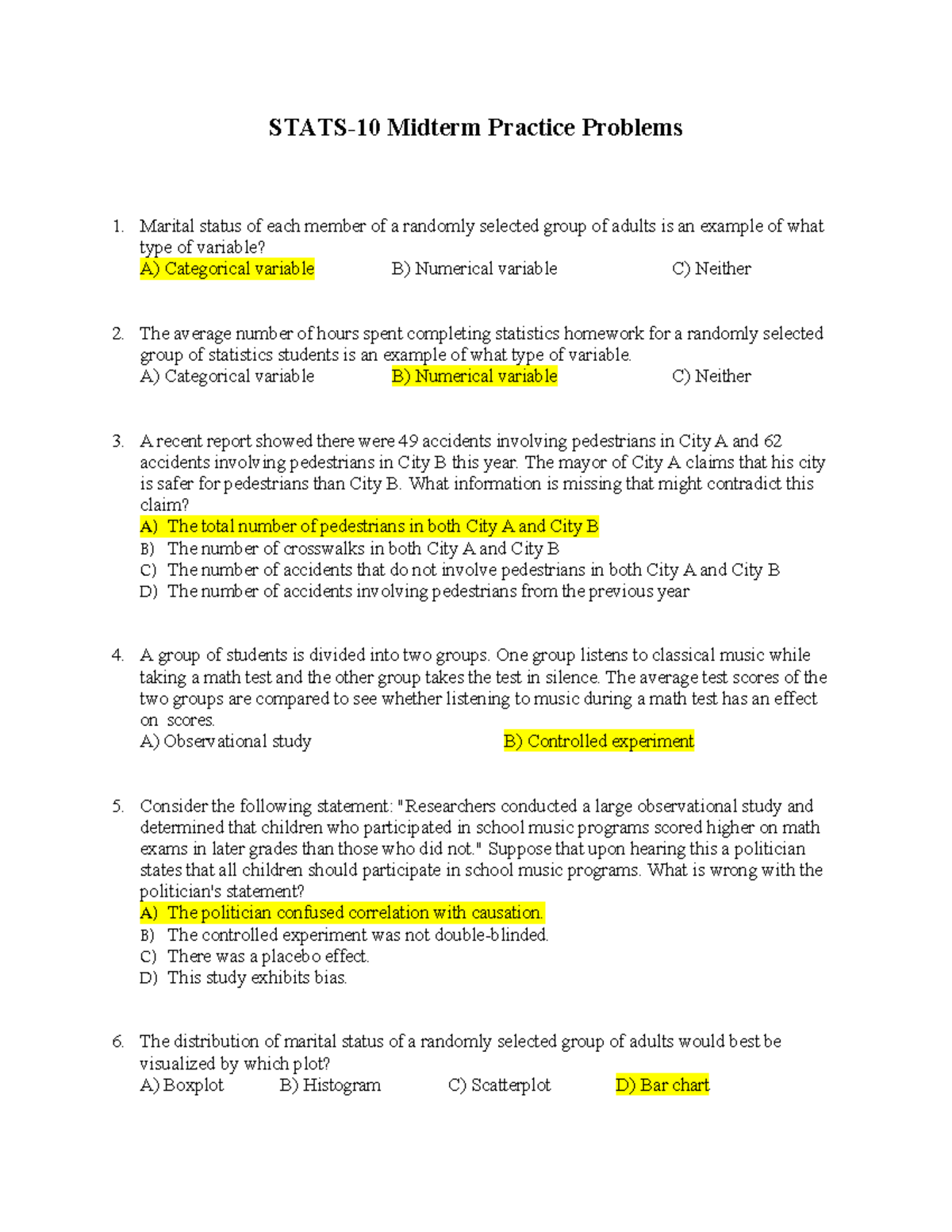 Midterm Practice Problems Key selected solutions - STATS- 10 Midterm Practice Problems 1 ...