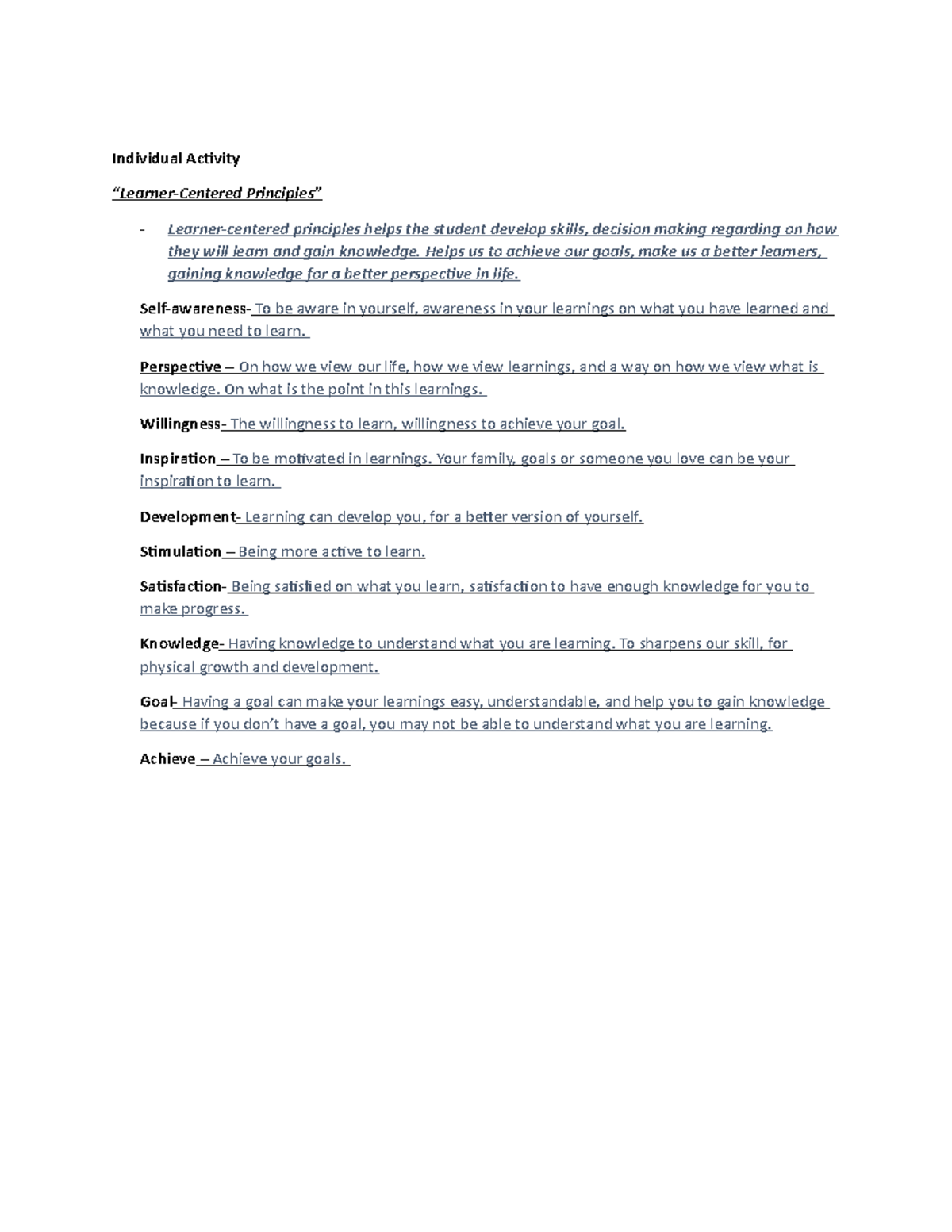 Learner-centered-principlesindividual-activity - Individual Activity ...