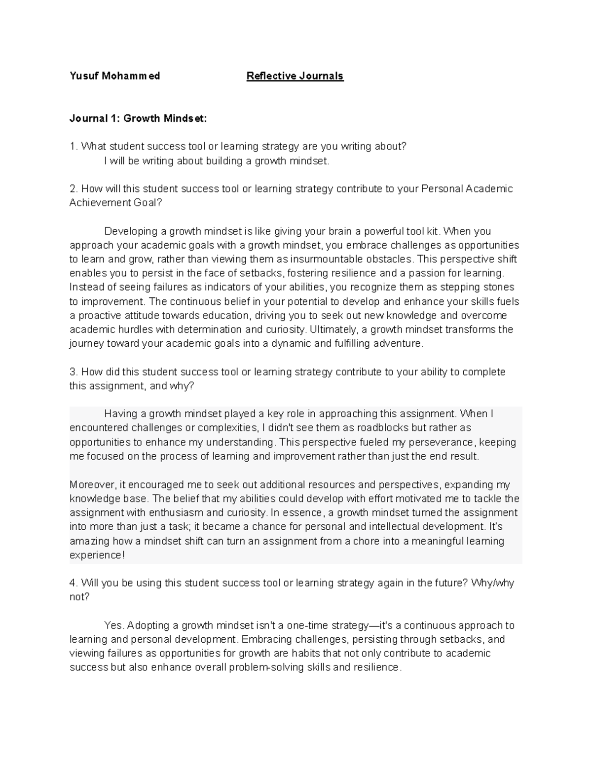 Reflection journals - Yusuf Mohammed Reflective Journals Journal 1 ...