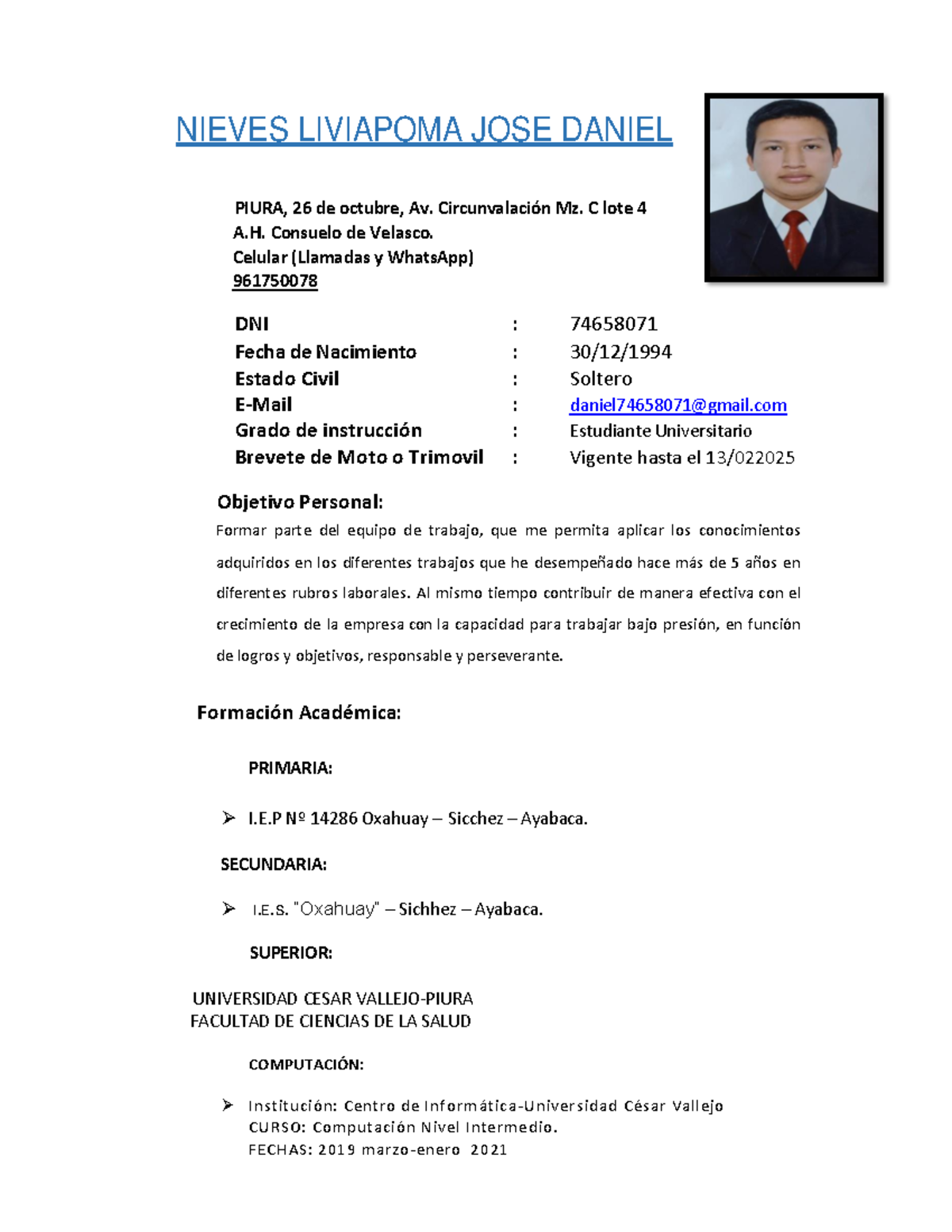 CV Daniel Nieves Liviapoma - NIEVES LIVIAPOMA JOSE DANIEL PIURA, 26 de octubre, Av ...