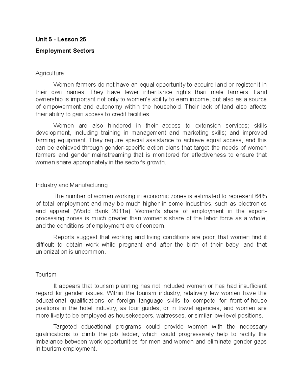 Employment Sectors and Gender and Labor - Unit 5 - Lesson 25 Employment ...