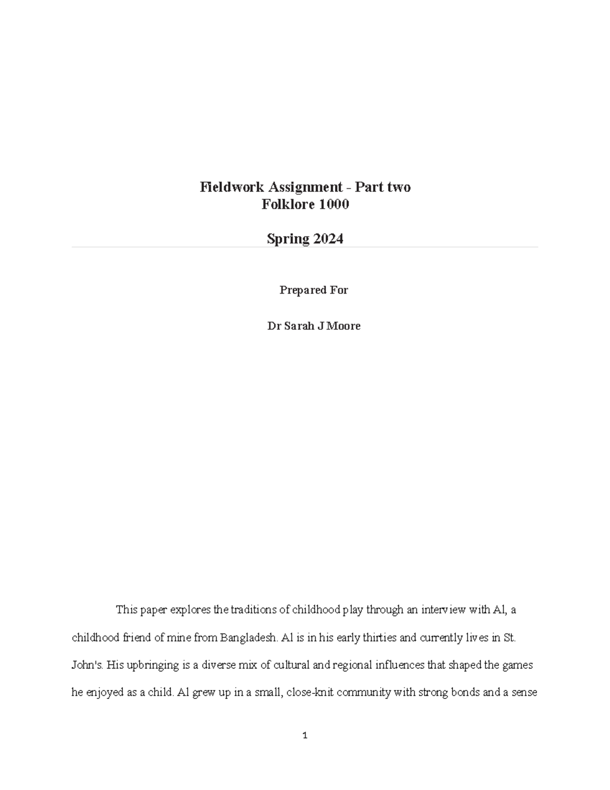 Folklore 100 field assign - Fieldwork Assignment - Part two Folklore 1000 Spring 2024 Prepared ...