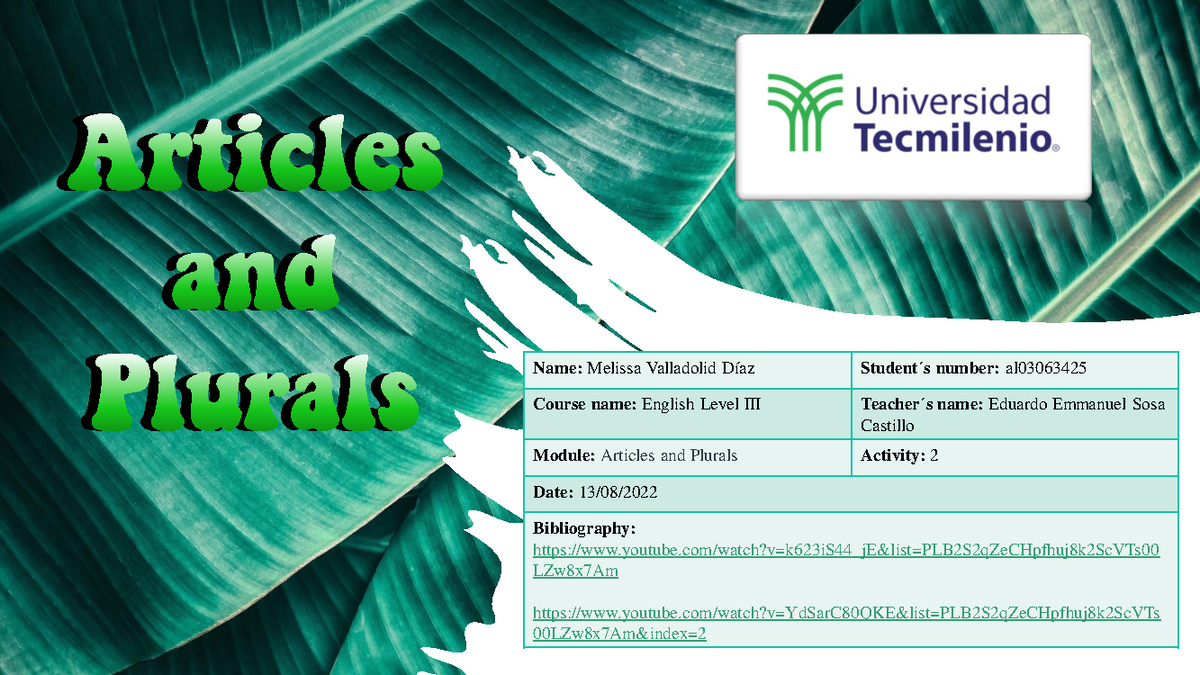 Activity 2-Articles and Plurals - Name: Melissa Valladolid Díaz Student ...