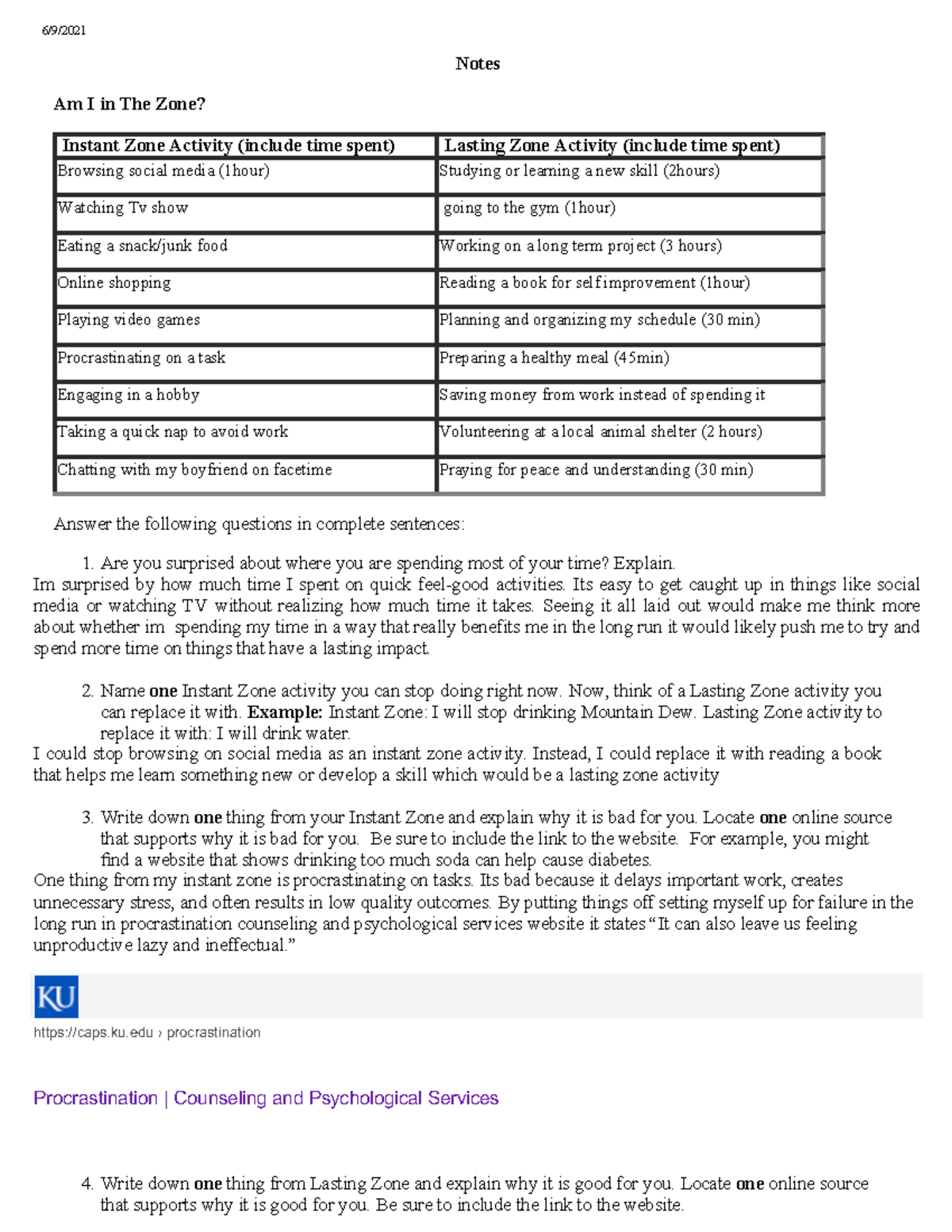 Chart - assignment - 6/9/ Notes Am I in The Zone? Instant Zone Activity ...