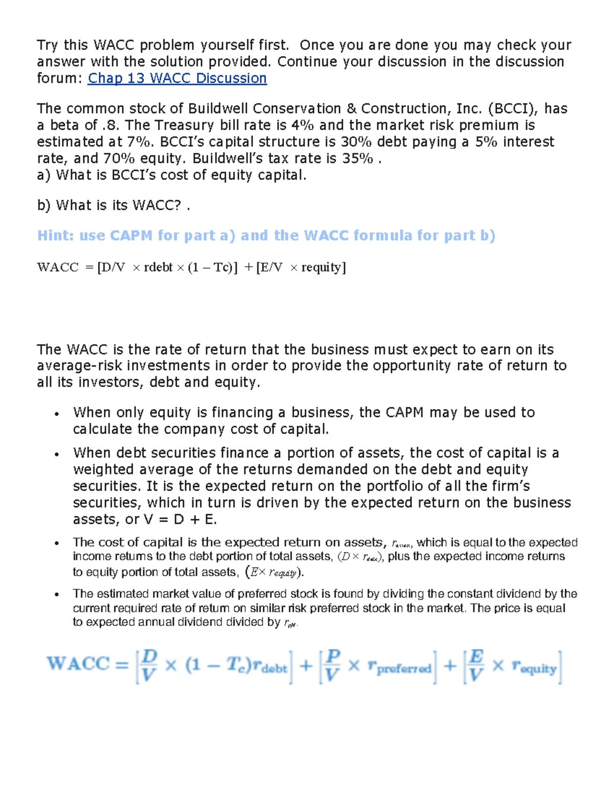 ACCT 702 Ch.13 Practice Quiz on WACC - Try this WACC problem yourself ...