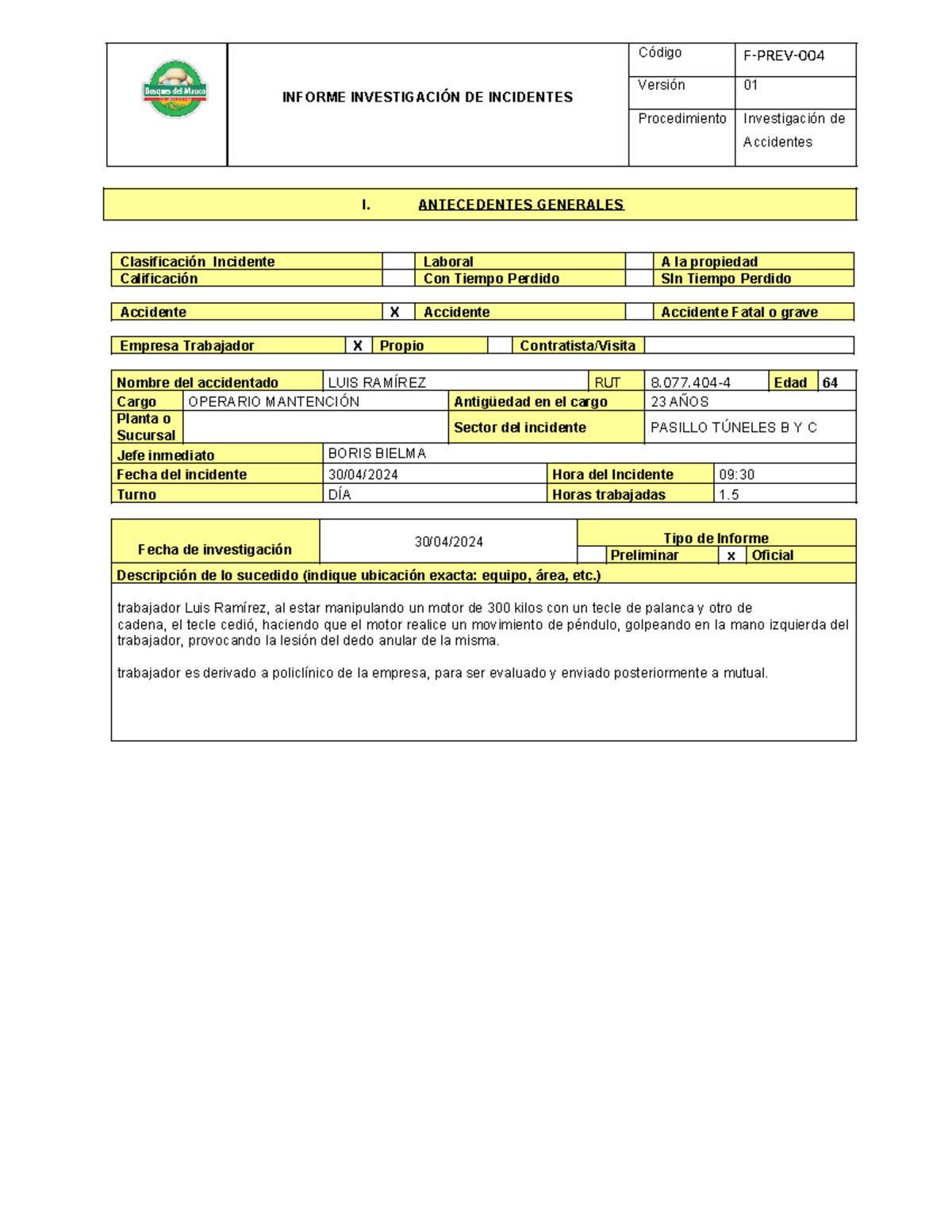 F-PREV-004-01 Formato Investigación Accidente - INFORME INVESTIGACIÓN ...