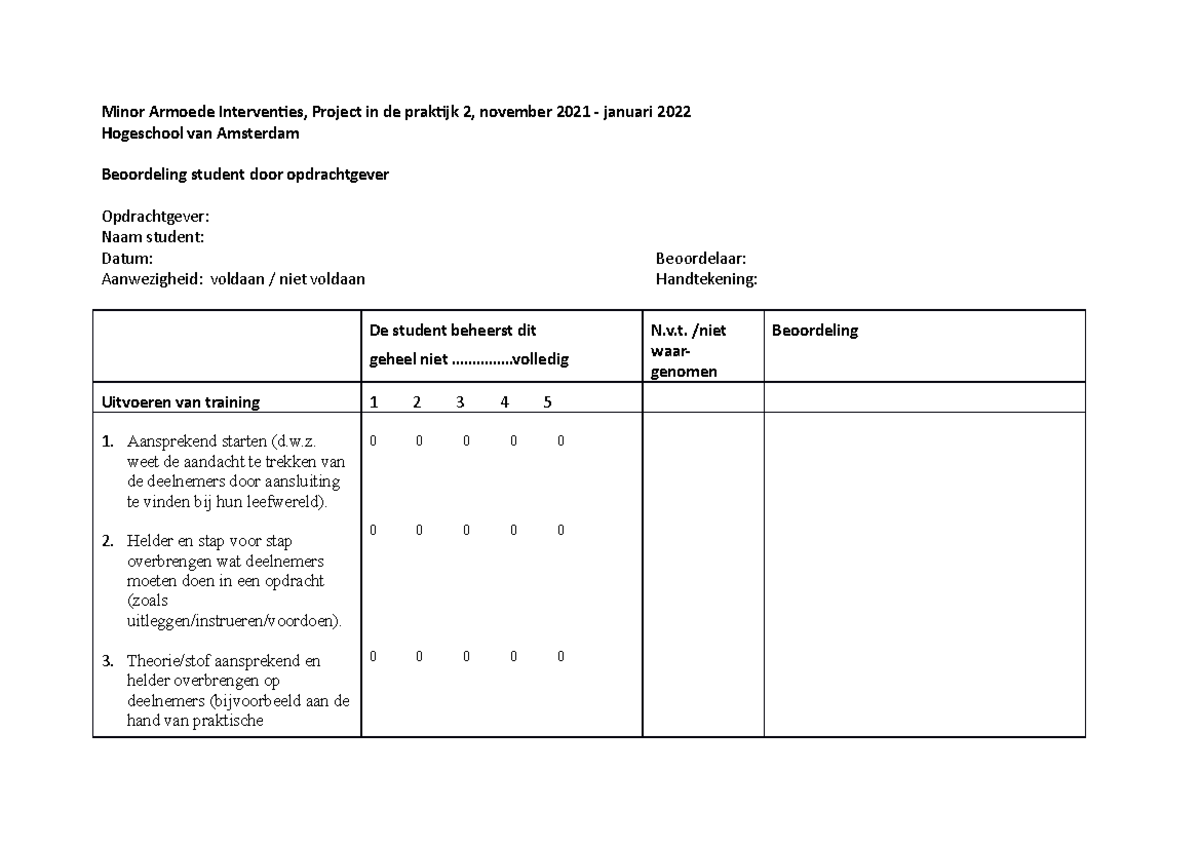 Beoordeling student door opdrachtgever Minor Armoede Interventies Pid P ...