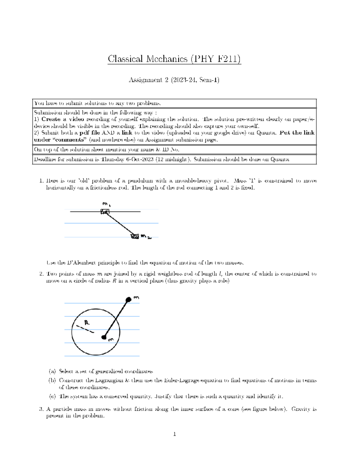 Assignment-2 - Classical Mechanics (PHY F211) Assignment 2 (2023-24 ...