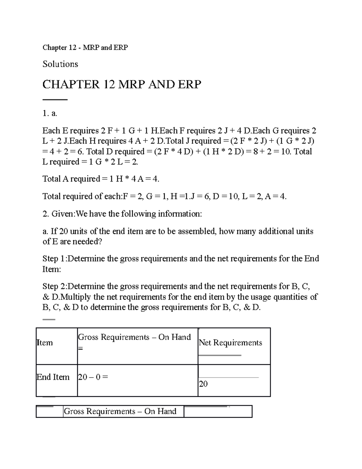 MGT 366 Chapter 12 Solutions - Chapter 12 - MRP and ERP Solutions CHAPTER 12 MRP AND ERP a. Each ...