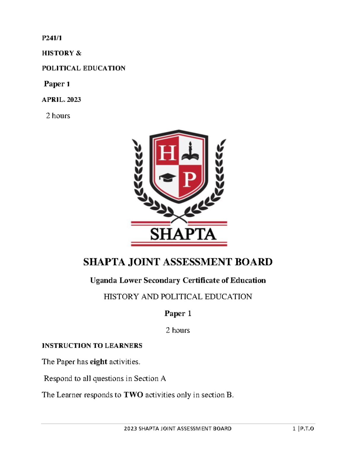 History & Political Education Paper 1 April. 2023 - Copy - Copy - CopyO ...