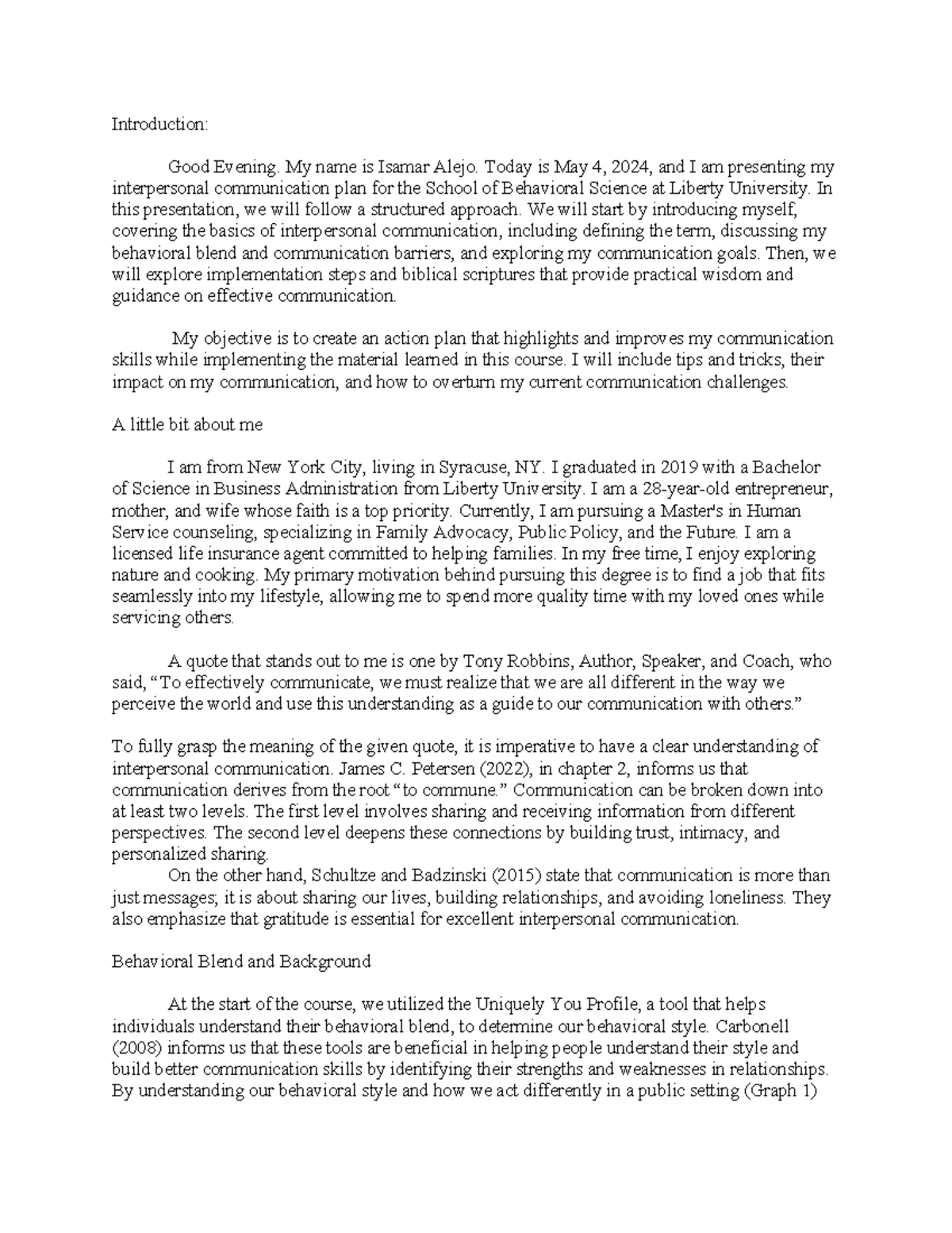 Interpersonal Communication Plan Script - Introduction: Good Evening ...