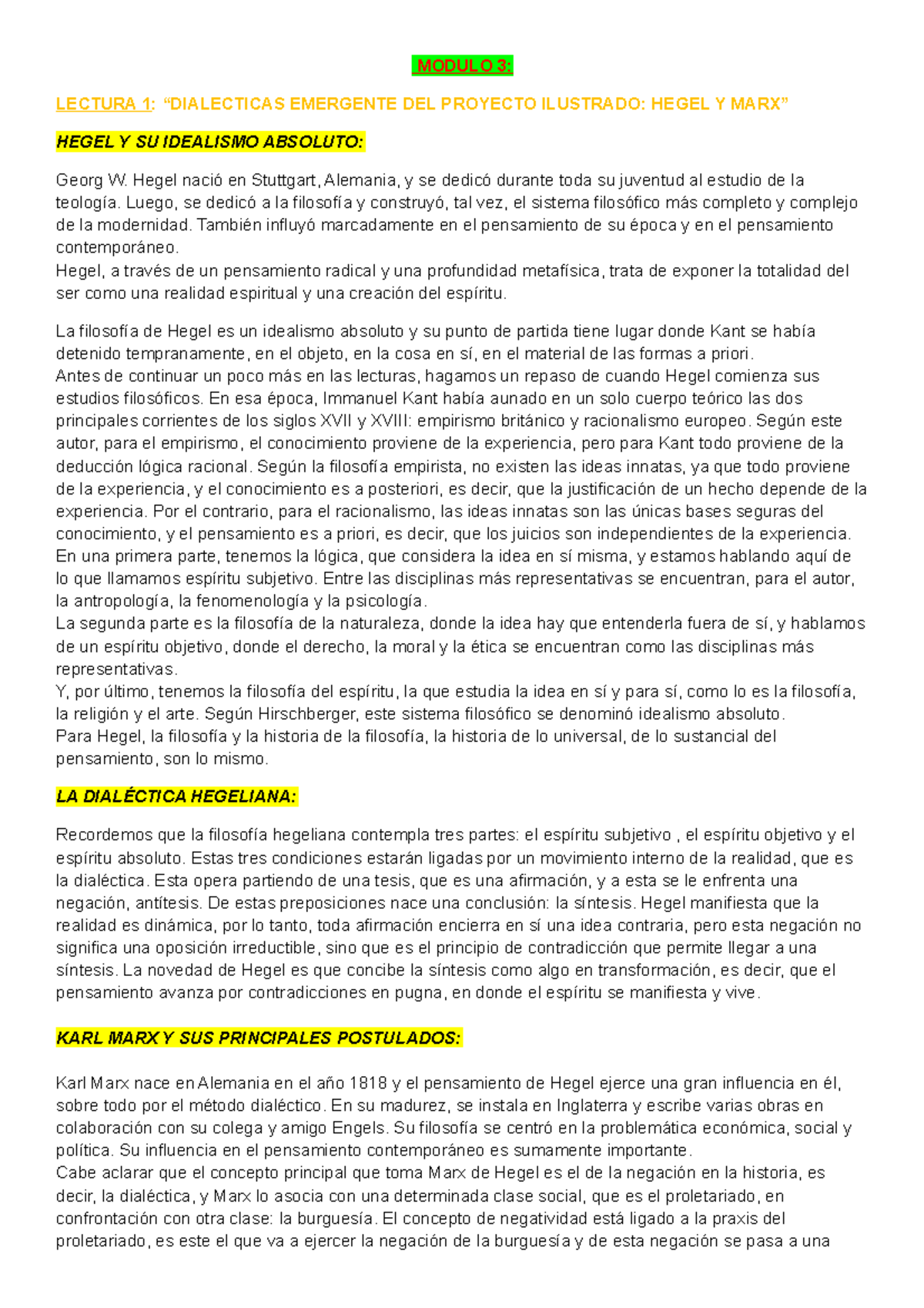 Resumen filosofia M3 y M4 - MODULO 3: LECTURA 1: “DIALECTICAS EMERGENTE DEL PROYECTO ILUSTRADO ...