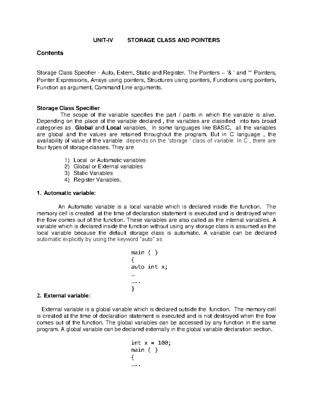 Storage Class AND Pointers Notes FOP - UNIT-IV STORAGE CLASS AND ...