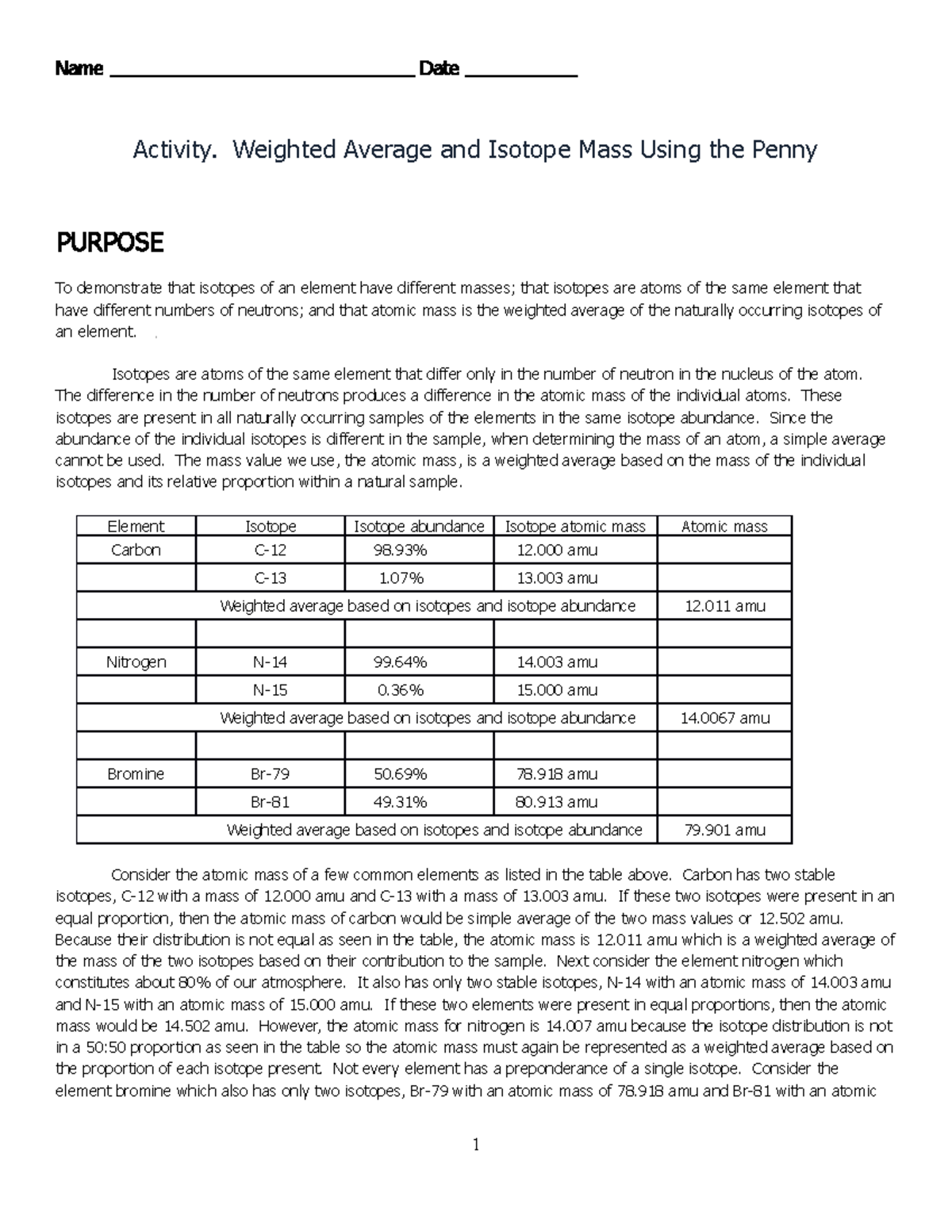 Activity - Isotopes and the Penny - Activity. Weighted Average and ...