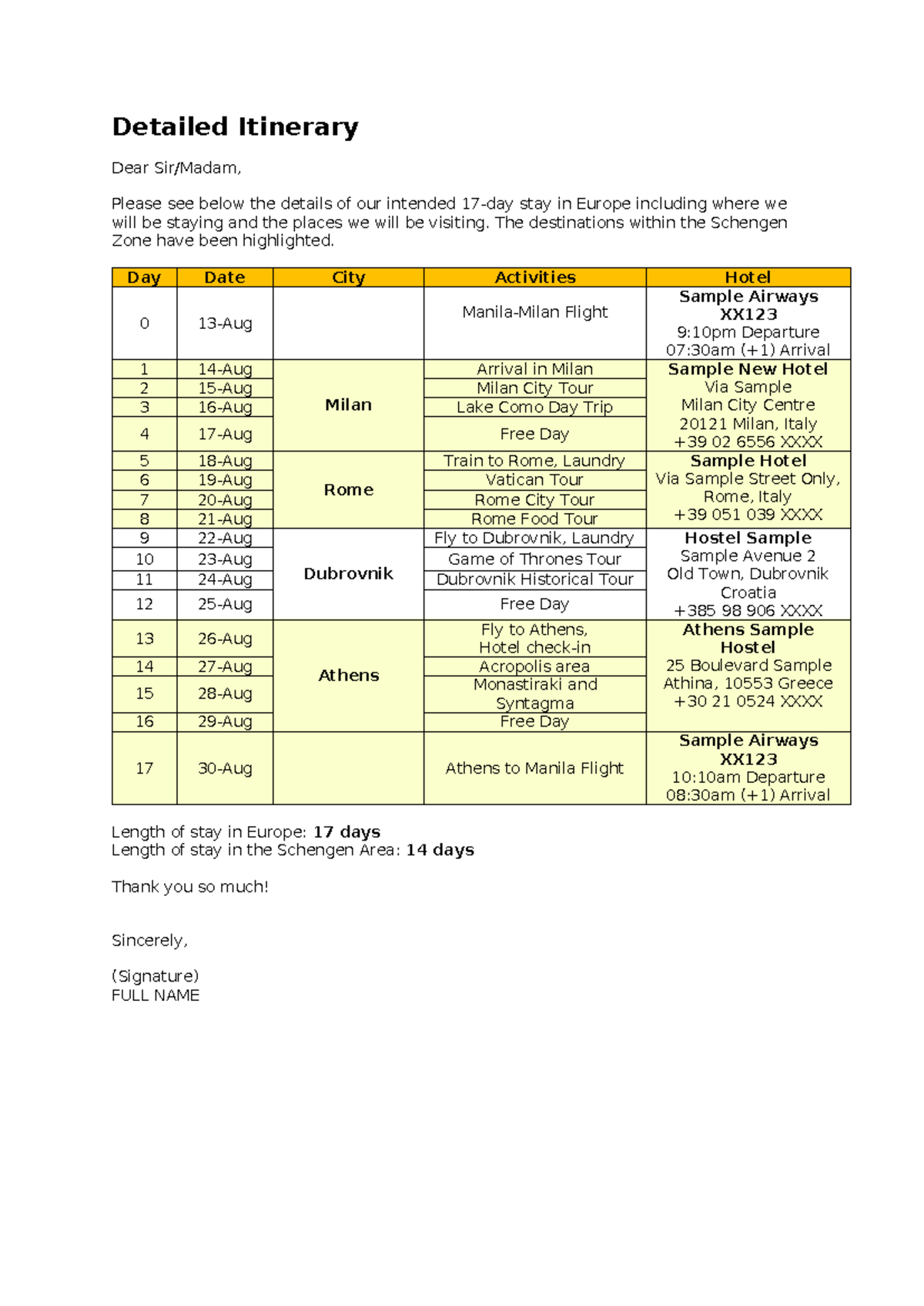 Sample Itinerary Italy for Visa - Detailed Itinerary Dear Sir/Madam ...