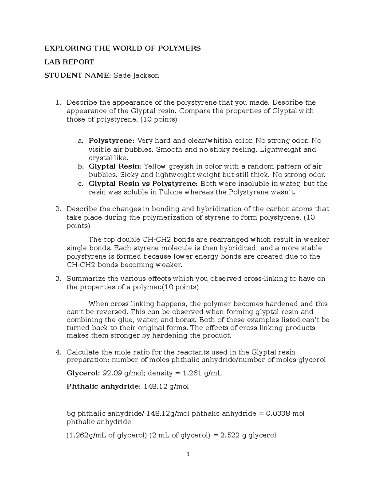 Exploring THE World OF Polymers-1 - EXPLORING THE WORLD OF POLYMERS LAB REPORT STUDENT NAME ...