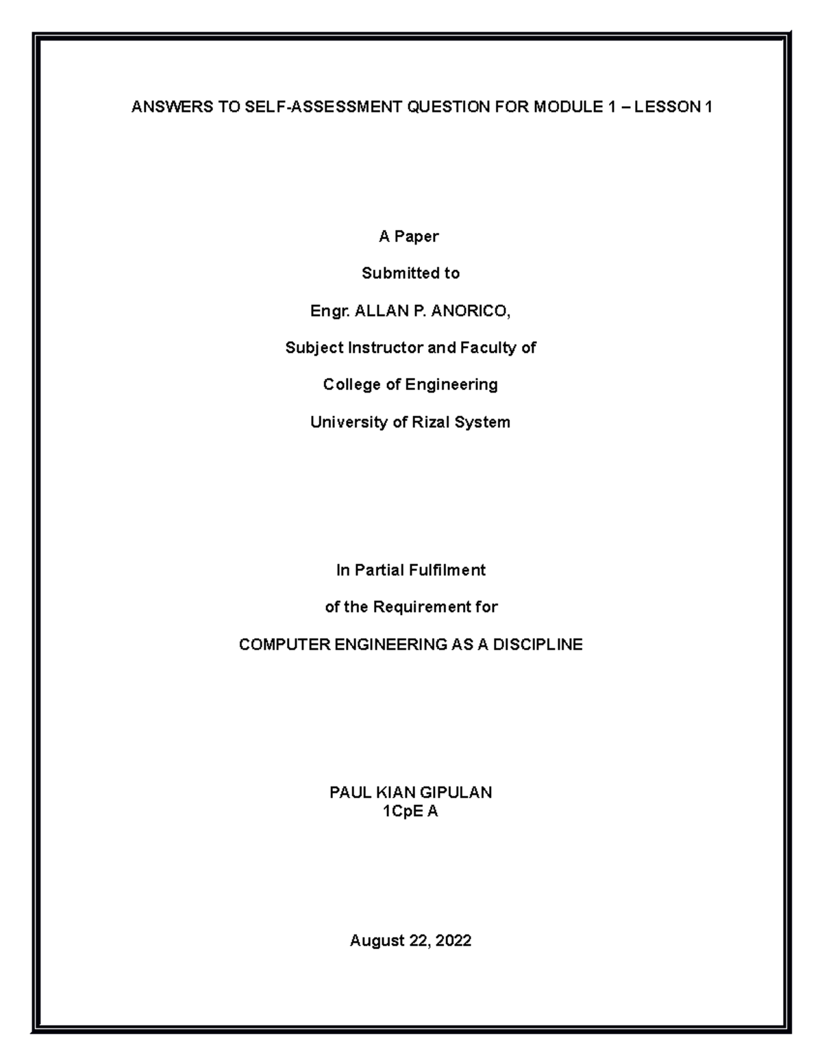 Module 1 cpe 111 - activity 1 - ANSWERS TO SELF-ASSESSMENT QUESTION FOR ...