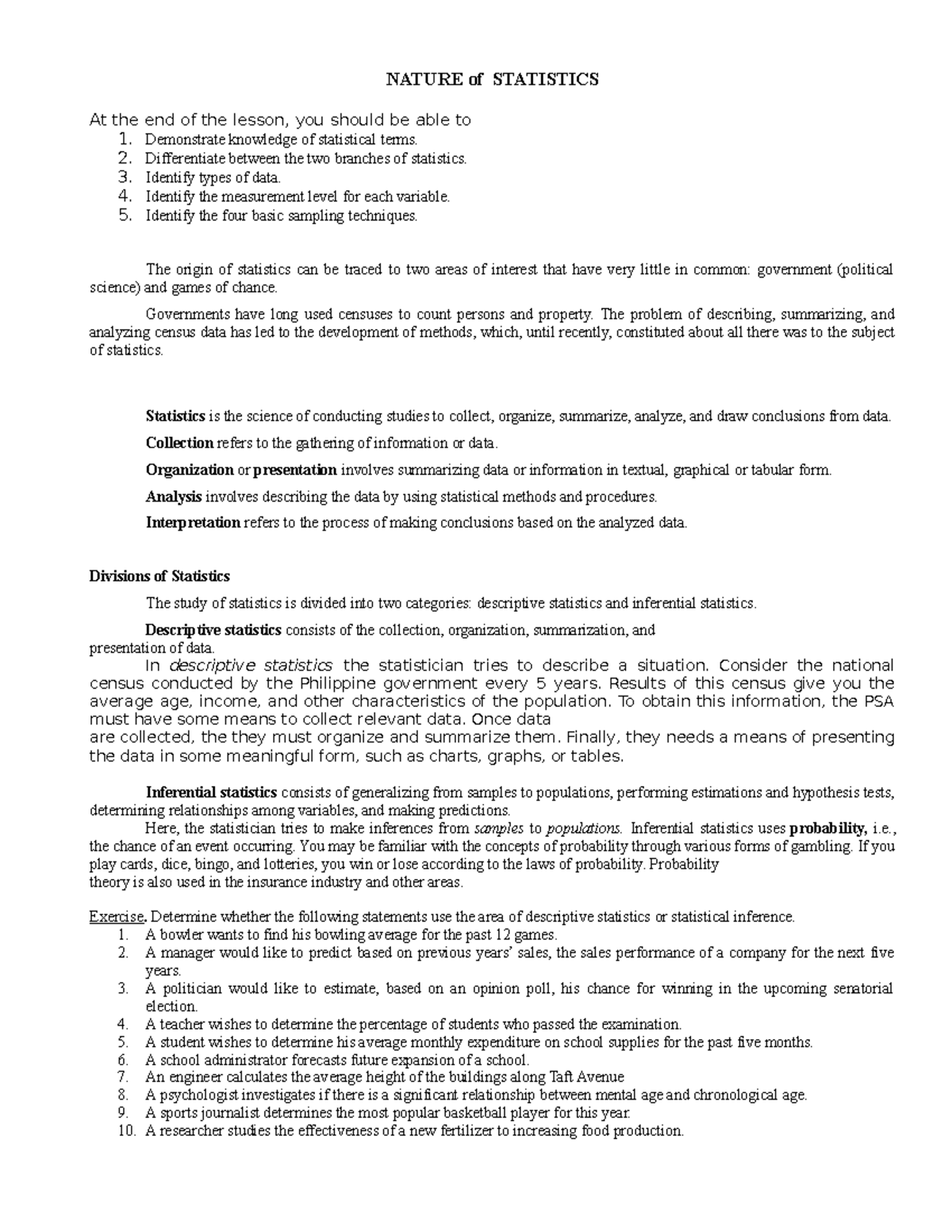 1 Nature of Statistics - Lecture notes - NATURE of STATISTICS At the 1 ...