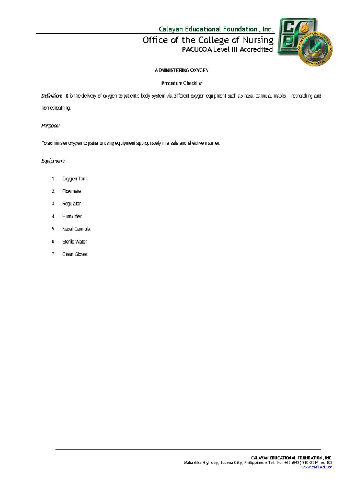 Oxygen- Administration-checklist-NCM112skl - Office of the College of ...