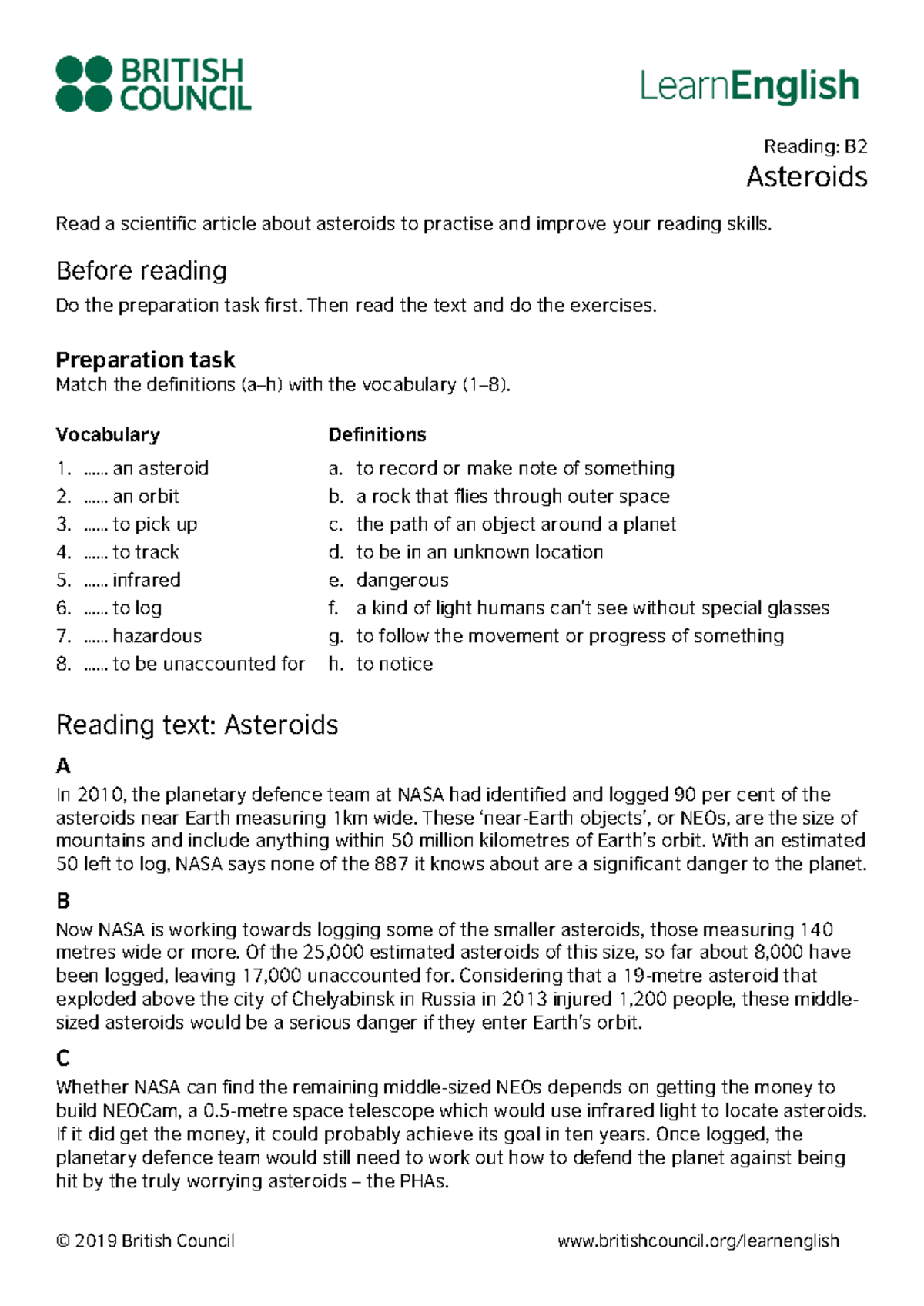 Learn English Reading B2 Asteroids - Reading: B Asteroids Read a ...