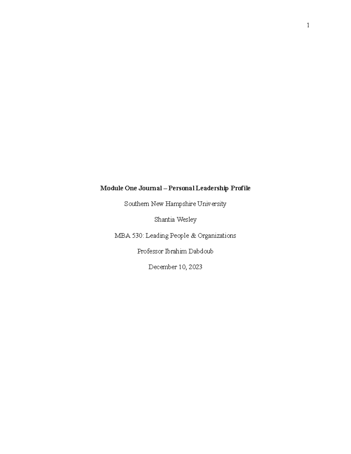 MBA 530 - Module One Journal - 1 Module One Journal – Personal ...