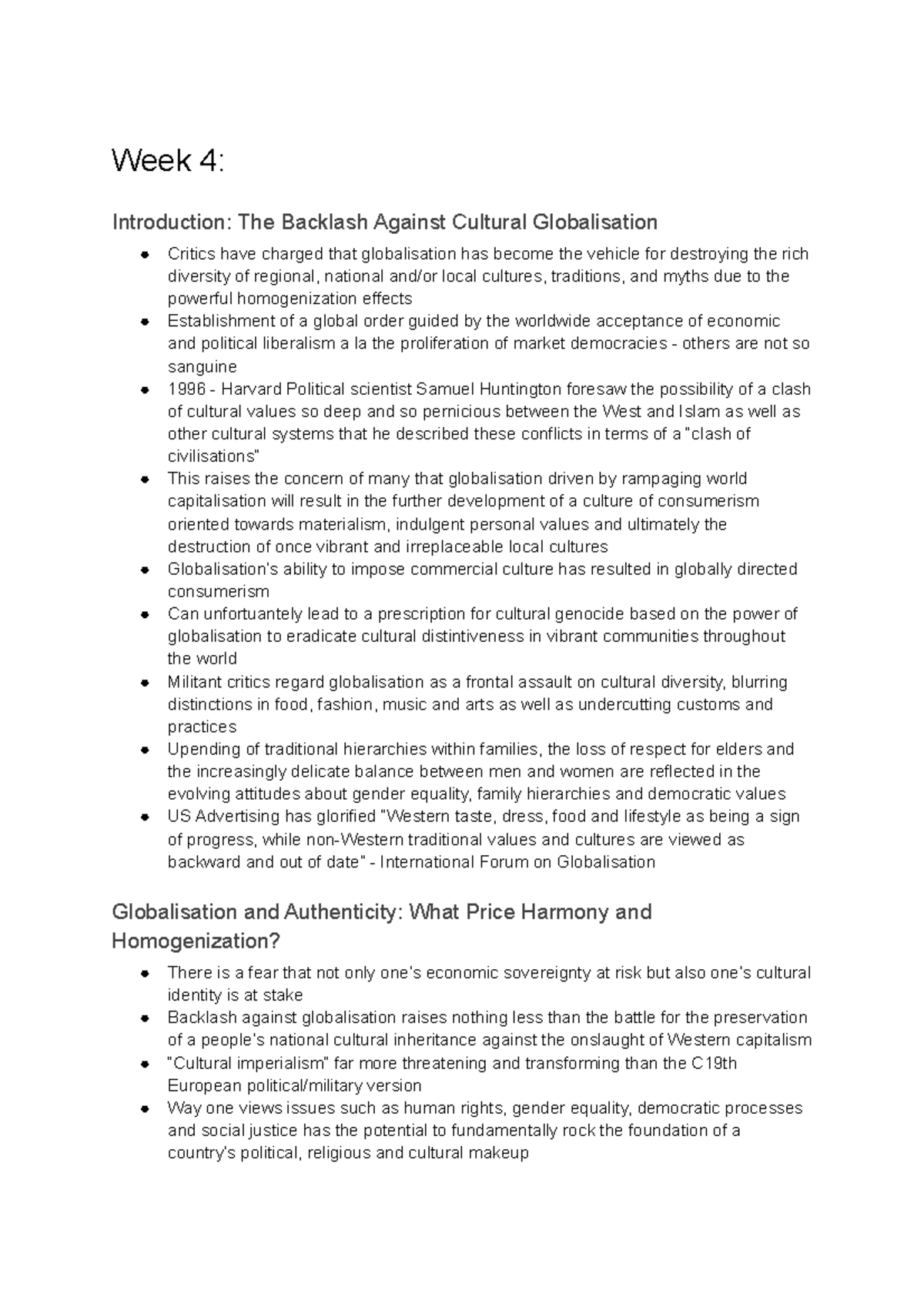 Week 4 Intro to International Studies - Week 4: Introduction: The Backlash Against Cultural ...