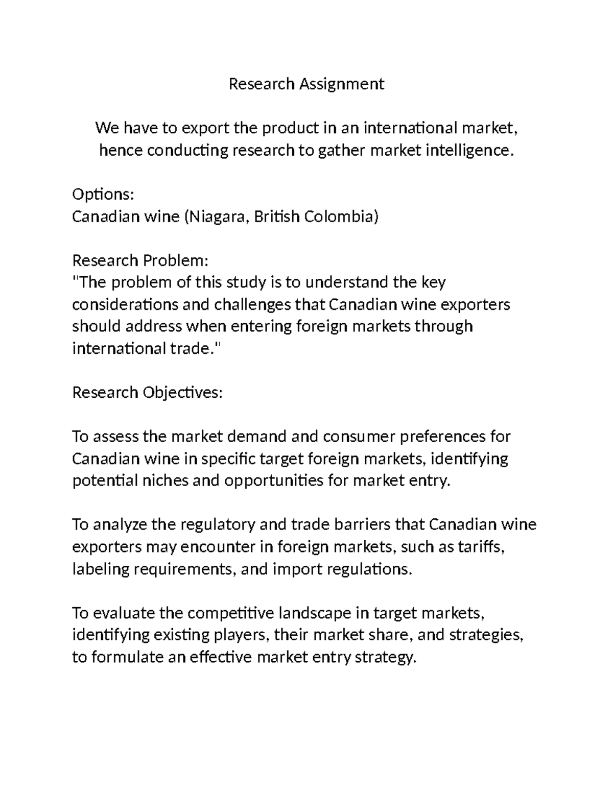 Research Assignment - Options: Canadian wine (Niagara, British Colombia ...