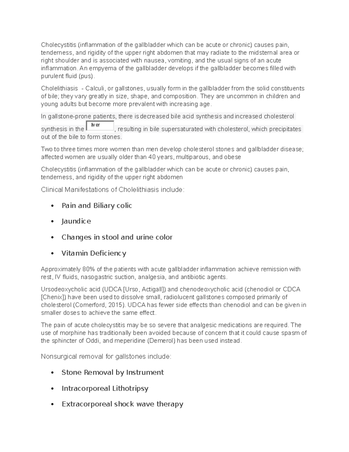 Mod 5 - notes - Cholecystitis (inflammation of the gallbladder which ...