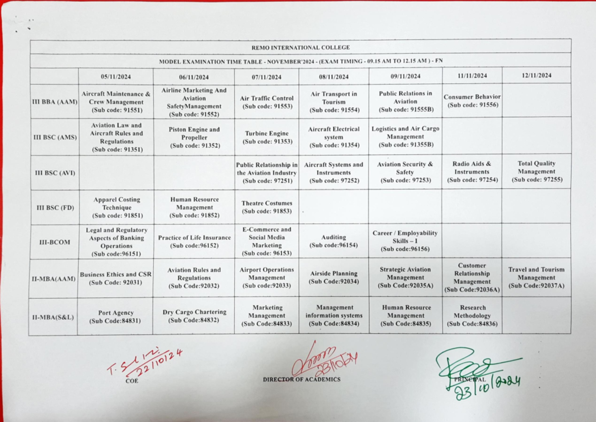 Model EXAM 3rd YEAR - TIME Table - REMO INTERNATIONAL COLLEGE MODEL ...