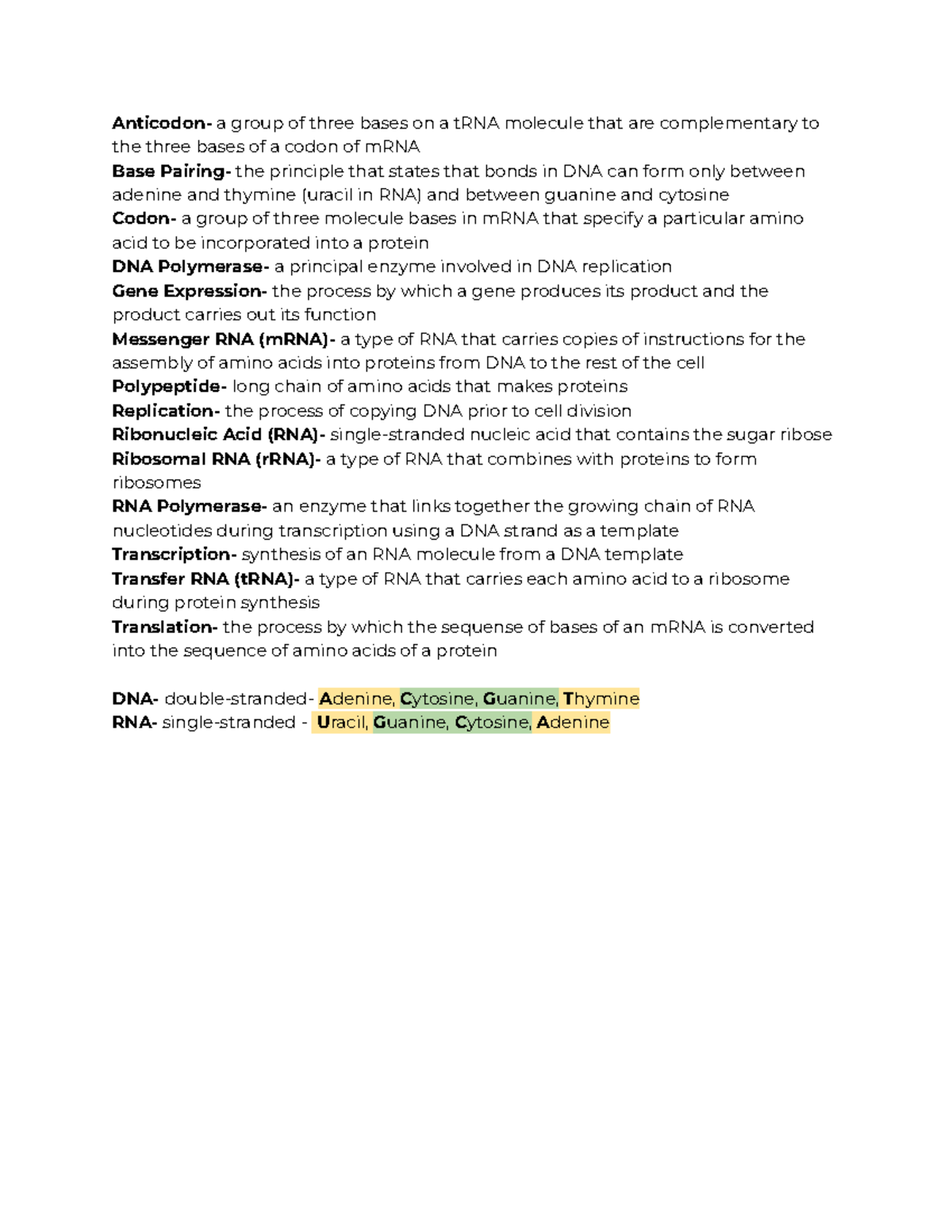 DNA and Protein Synthesis Vocabulary - Anticodon- a group of three ...
