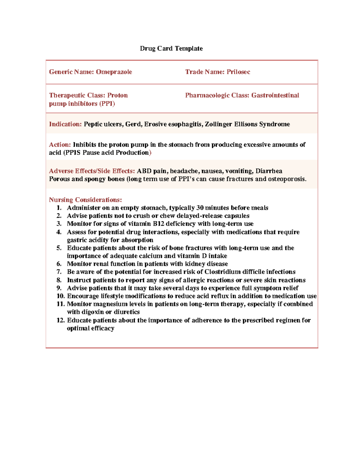 Drug Card Assignment 1 - Generic Name: Omeprazole Trade Name: Prilosec ...