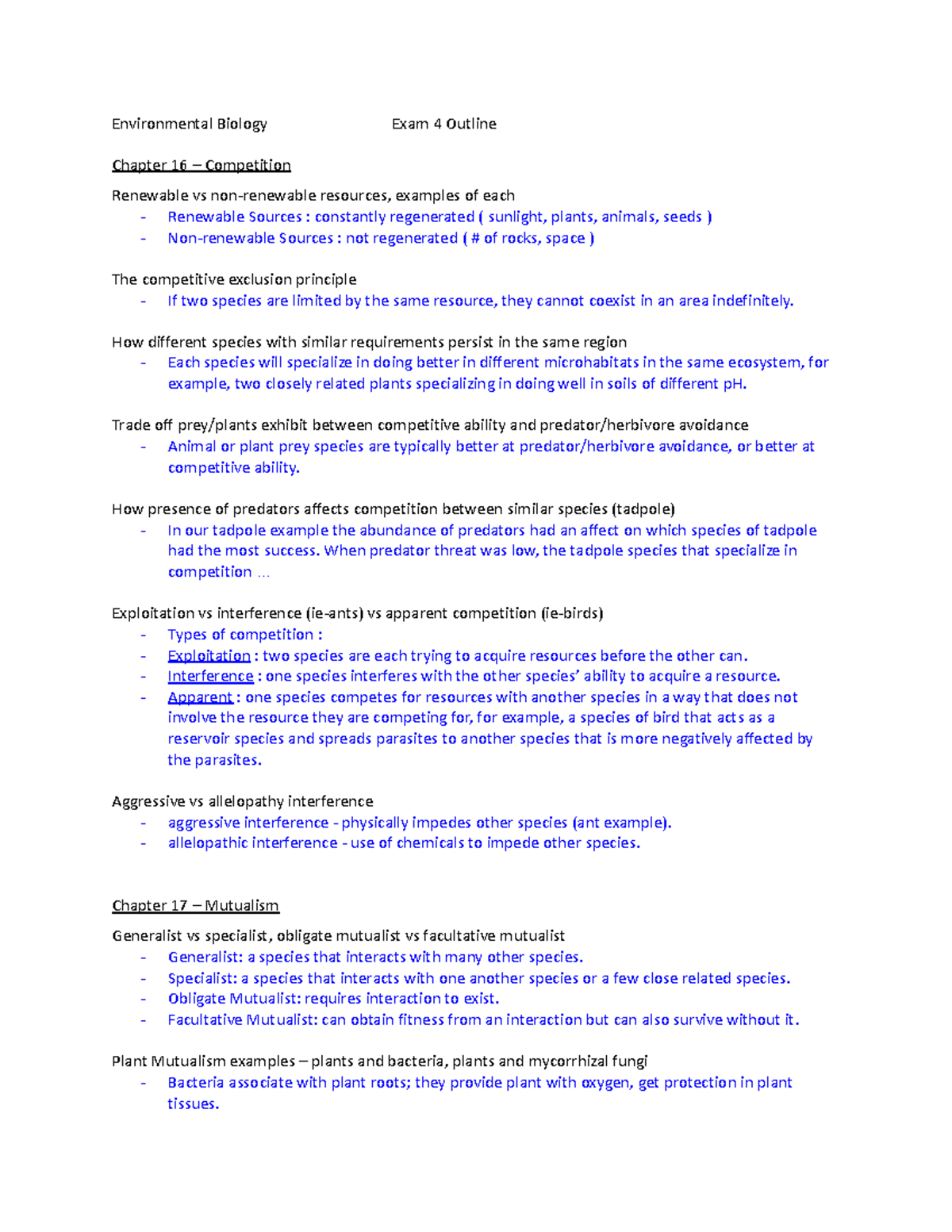Exam Outline (competition, mutualism, etc.) - Environmental Biology ...