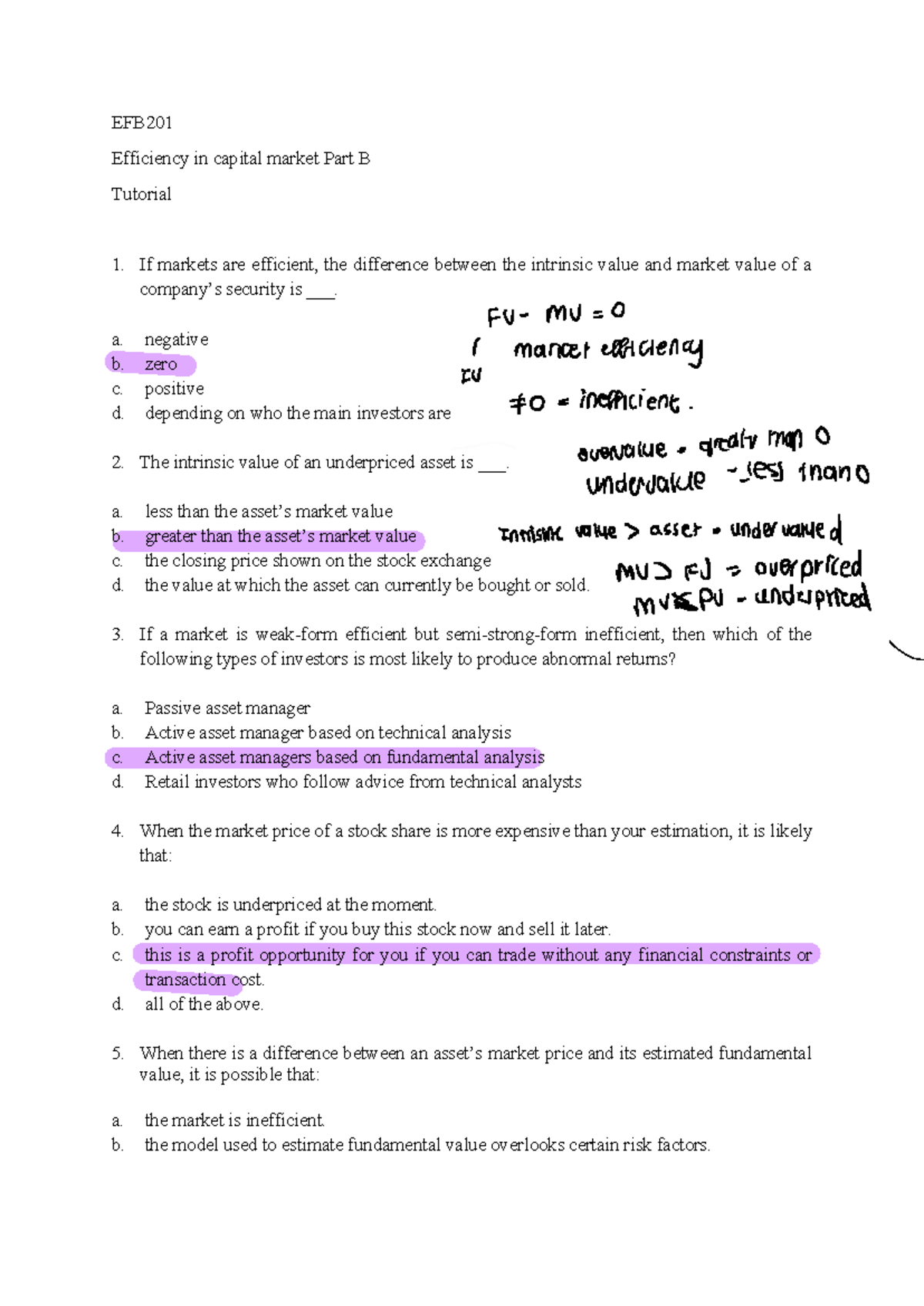 EFB201+Market+efficiency+Part+B+tut - EFB Efficiency in capital market ...