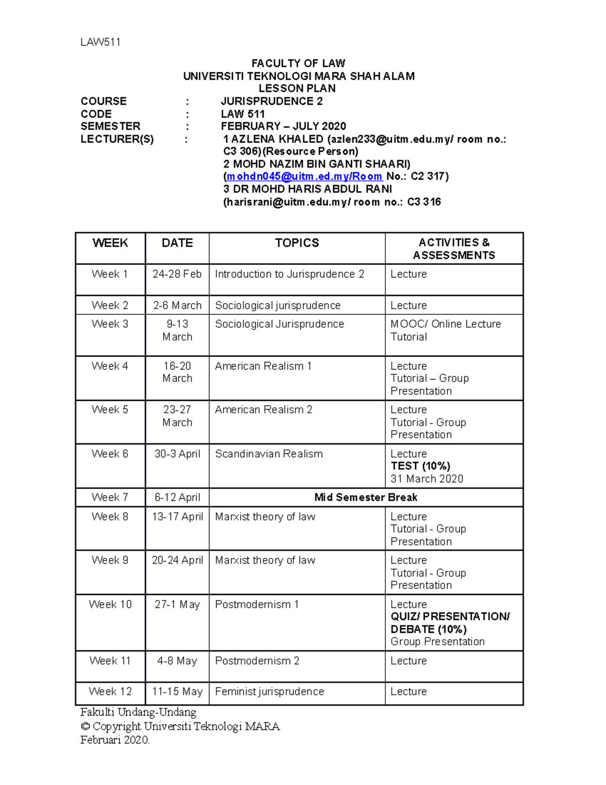 Juris II march 2020 Lesson PLAN Sample LAW 511 - FACULTY OF LAW ...