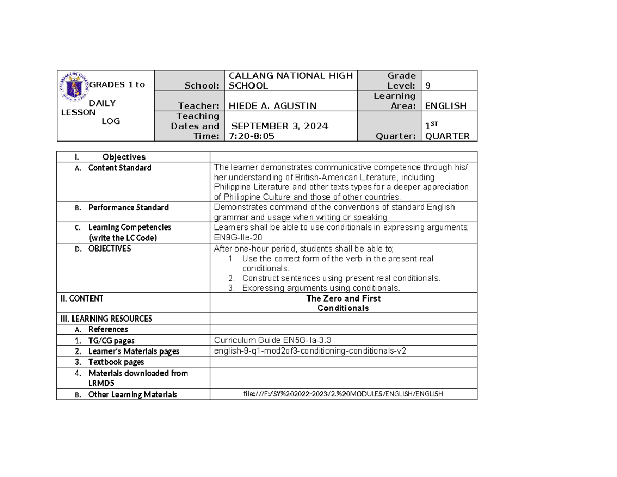 Classroom Observation - GRADES 1 to 12 DAILY LESSON LOG School: CALLANG ...