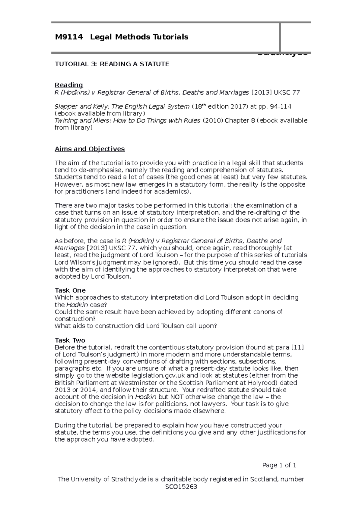 LM Tutorial 3 - notes - M9114 Legal Methods Tutorials TUTORIAL 3 ...