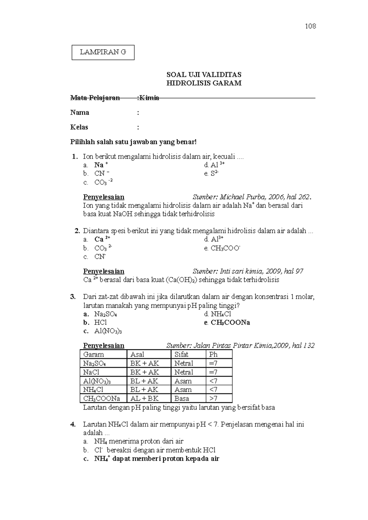Lampiran G- SOAL Validitas - SOAL UJI VALIDITAS HIDROLISIS GARAM Mata ...
