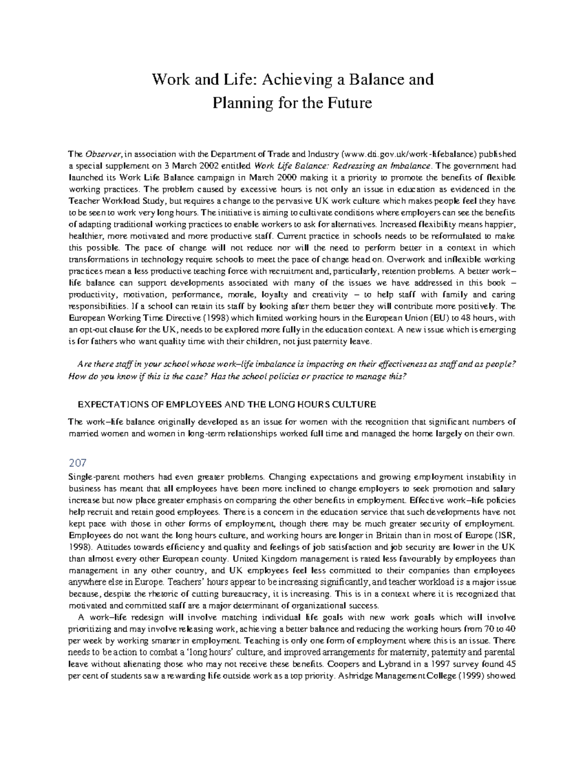 Work and Life - Achieving a Balance and planning for the future - Work ...