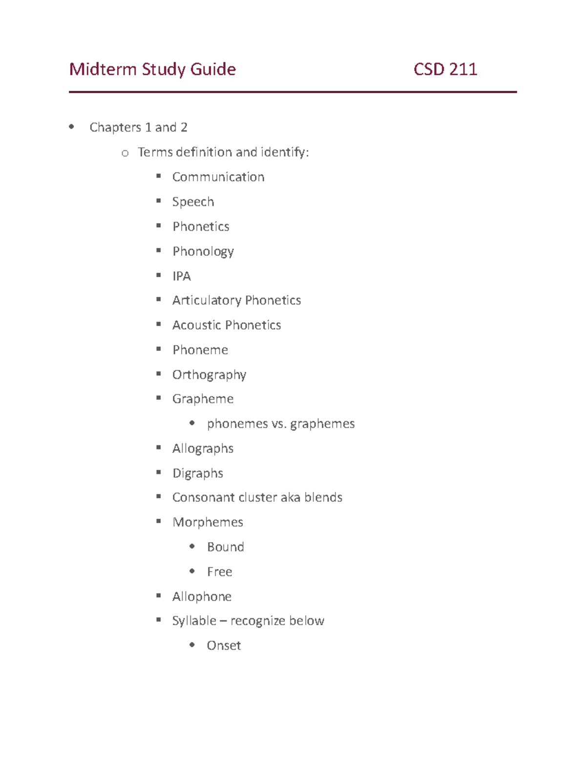 Midterm Study Guide CSD 211 - graphemes Allographs Digraphs Consonant cluster aka blends - Studocu