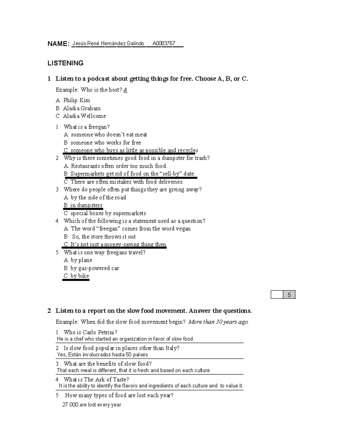 Listening And Writing Exam - NAME ...